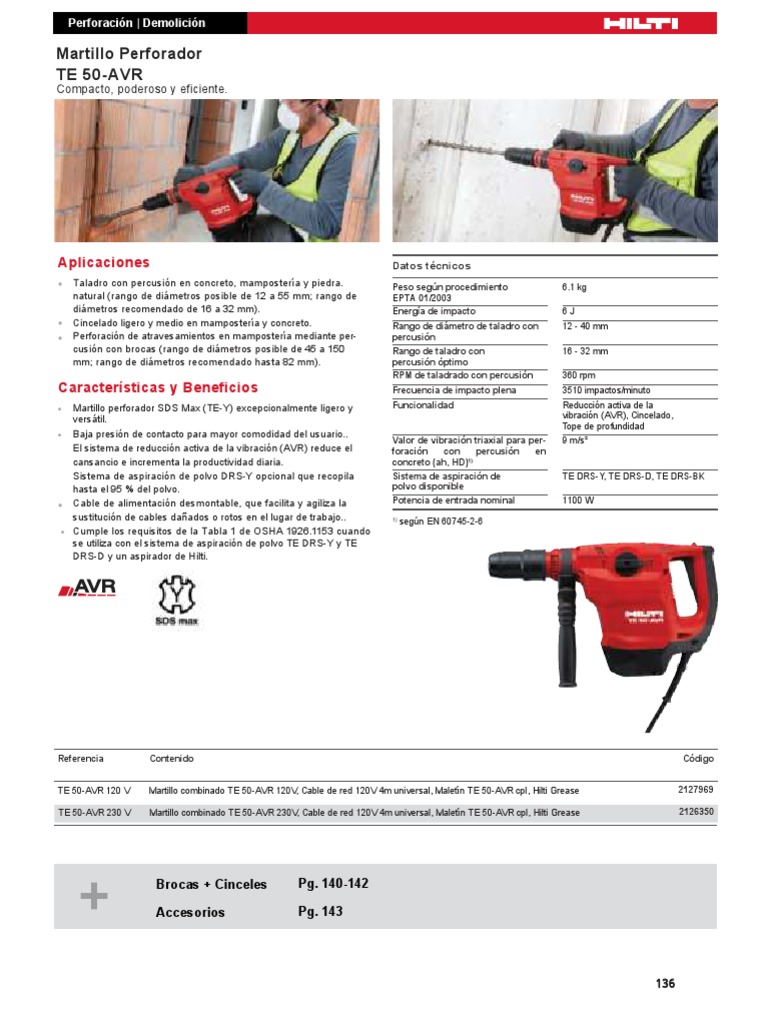 Martillo Hilti TE 50-AVR: Especificaciones | PDF | Perforación | Perforar