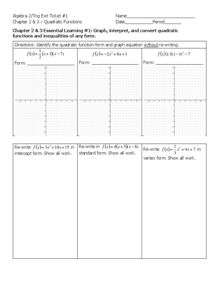 Algebra 2/Trig Exit Ticket | PDF | Quadratic Equation | Abstract Algebra