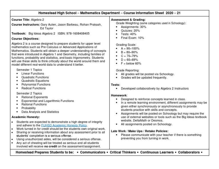 HHS Math A2 Course Information Sheet 2021 | PDF | Mathematics | Algebra