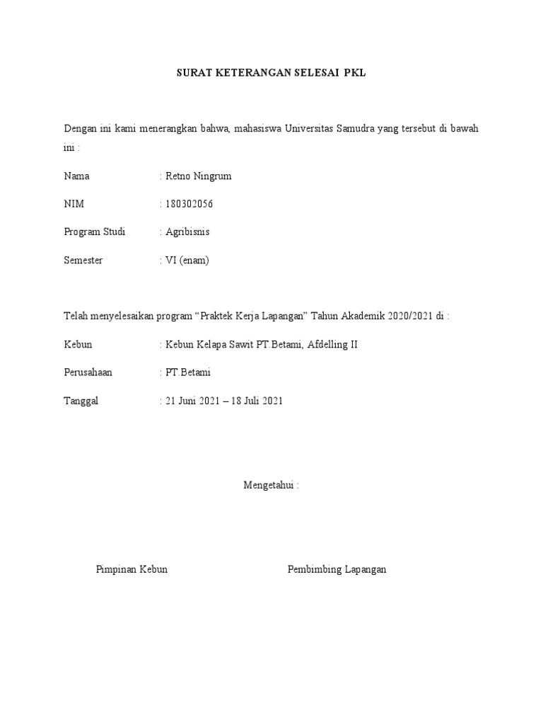 Surat Keterangan Selesai PKL | PDF Surat Keterangan Selesai PKL | PDF