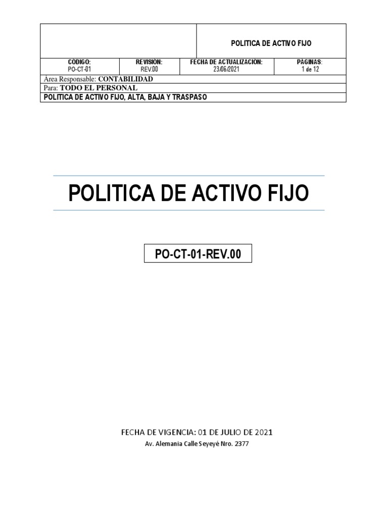 Po-ct-01-Rev.00 - Politica de Activo Fijo - Modelo | Descargar gratis PDF | Contabilidad ...