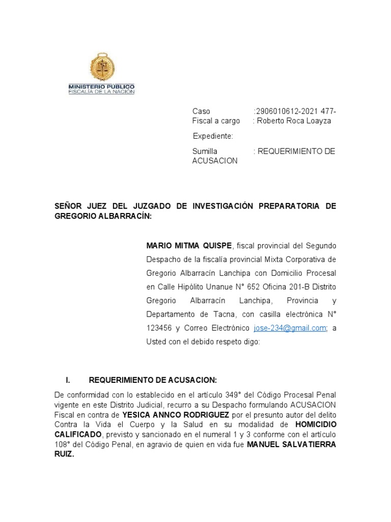 Acusacion Fiscal Homicidio Calificado | PDF | Asesinato | Derecho penal