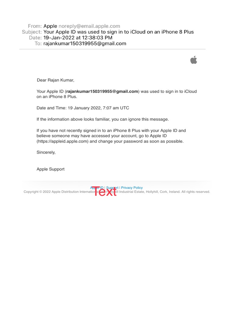 Your Apple ID Was Used To Sign in To ICloud On An Iphone 8 Plus | PDF