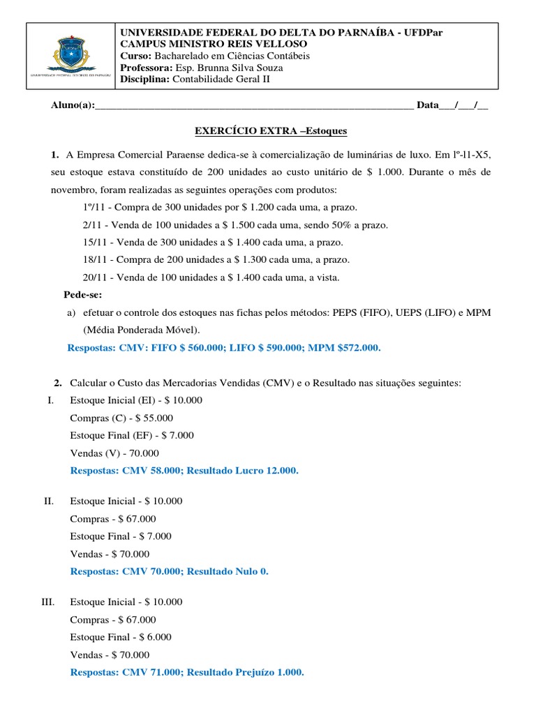 Exercício Extra - Estoques | PDF