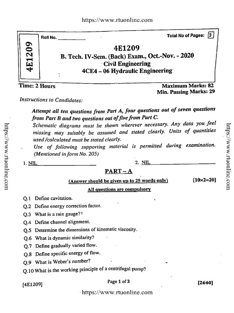 Btech Ce 4 Sem Hydraulic Engineering 4e1209 Nov 2020 | PDF