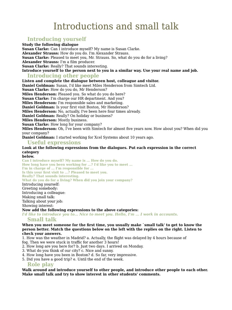 Small Talk and Introductions Guide | PDF | Career & Growth