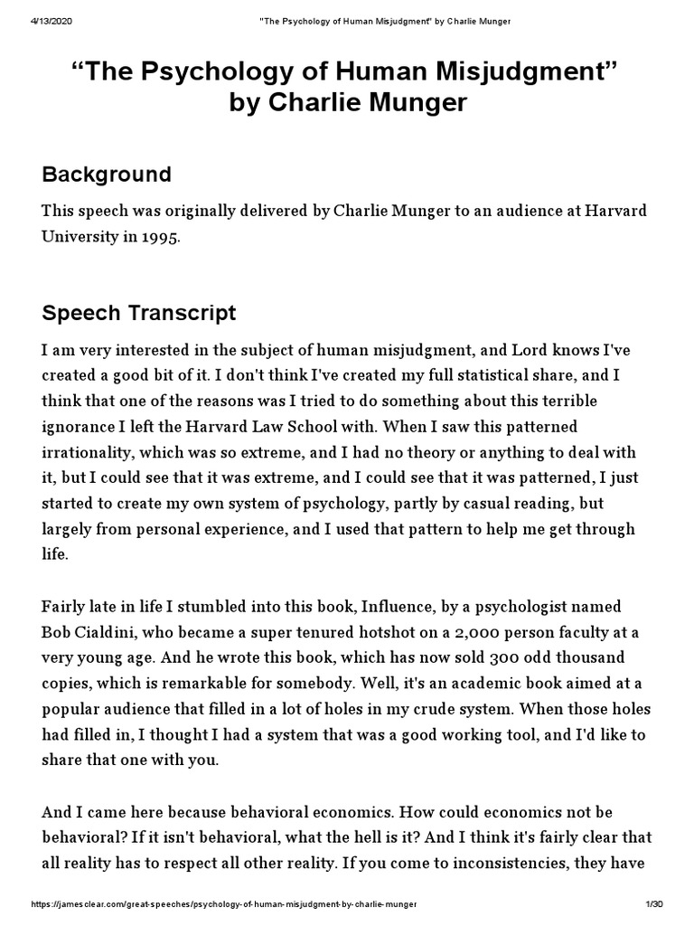 The Psychology of Human Misjudgment - by Charlie Munger | PDF ...