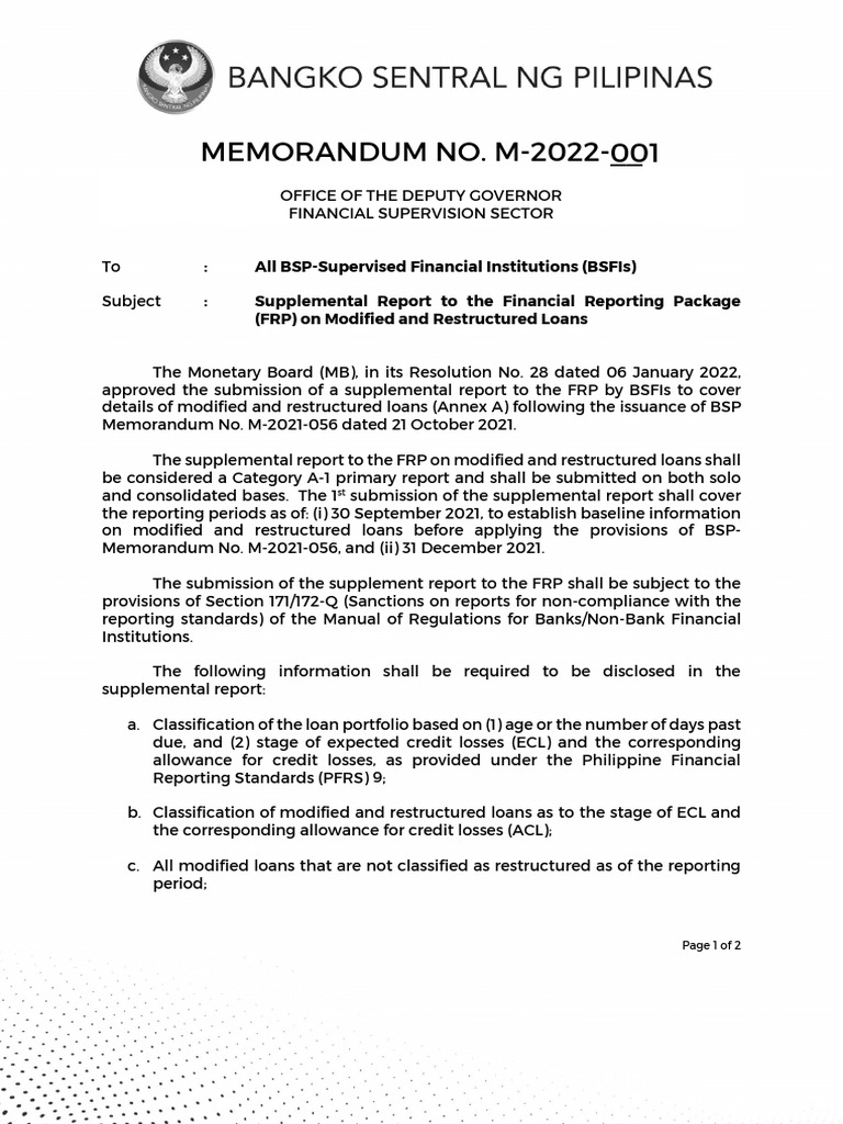 Supplemental Report on Restructured Loans | PDF | Banking | Money