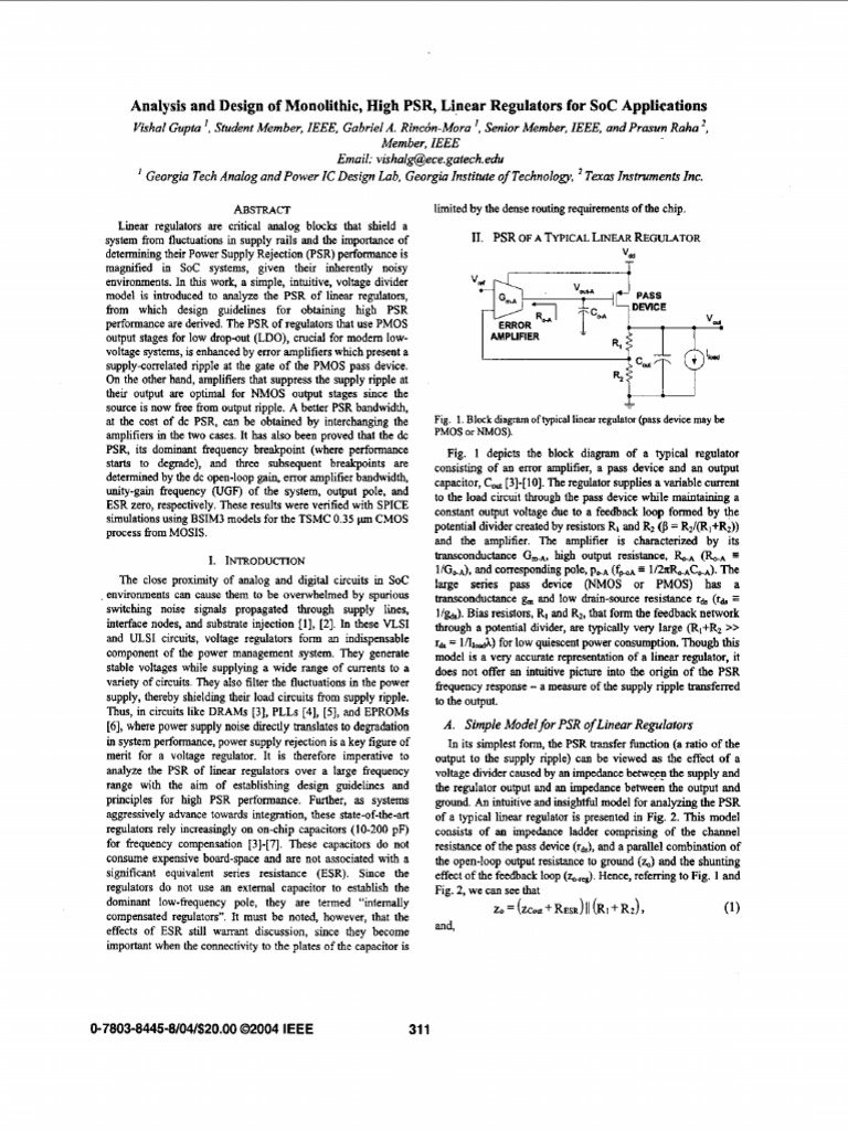 Analysis and Design of Monolithic, High PSR, Linear Regulators For Soc Applications | PDF ...