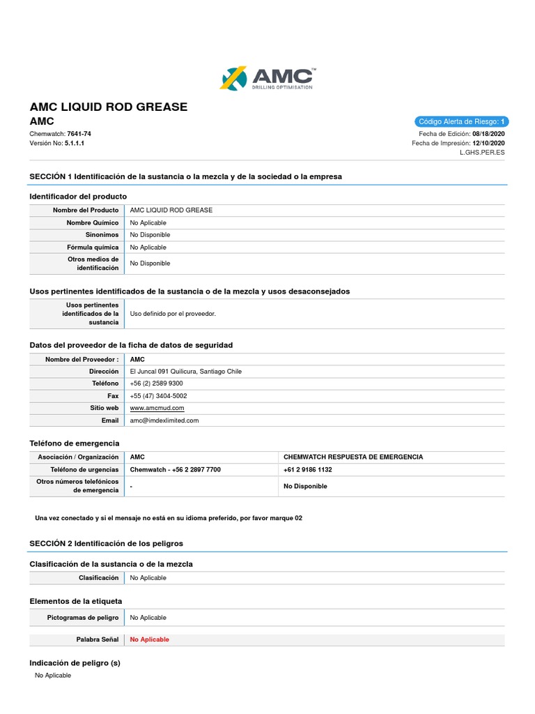 AMC Liquid Rod Grease SDS | PDF | Agua | Contaminación