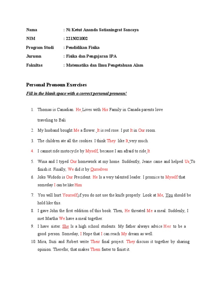 Personal Pronoun Exercises | PDF