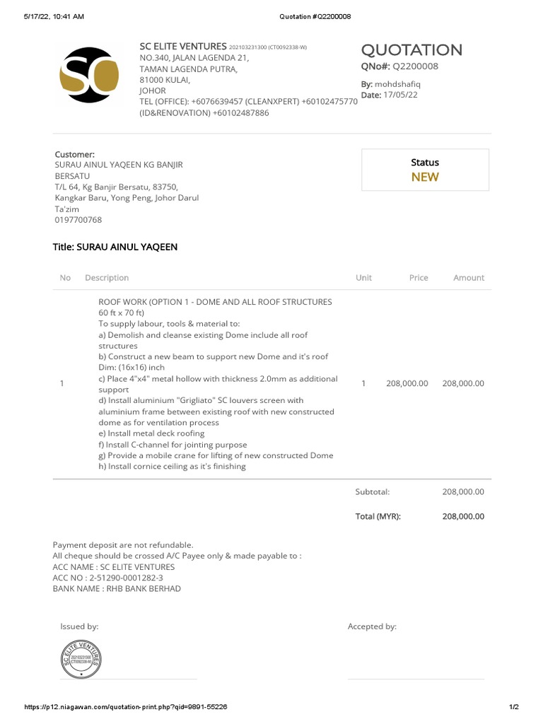 Quotation #Q2200008 - Surau Al Yaqeen Opt 1 | PDF | Building Engineering | Money