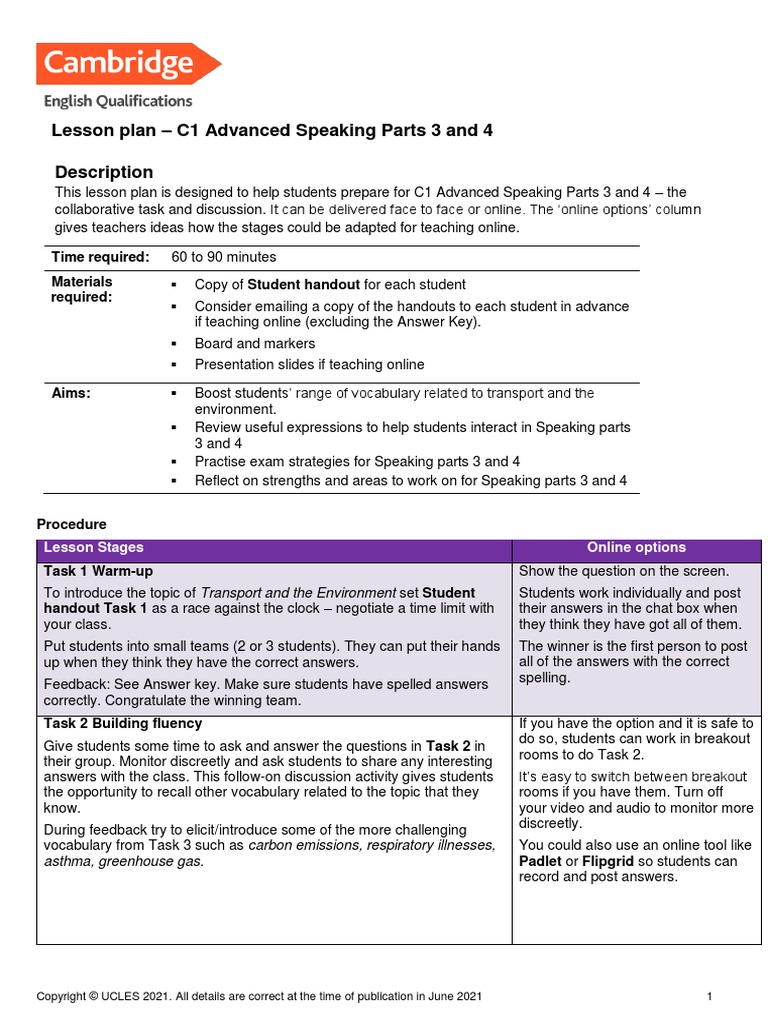 c1 Advanced Lesson Plan Speaking Parts 3 and 4 | PDF | Lesson Plan ...