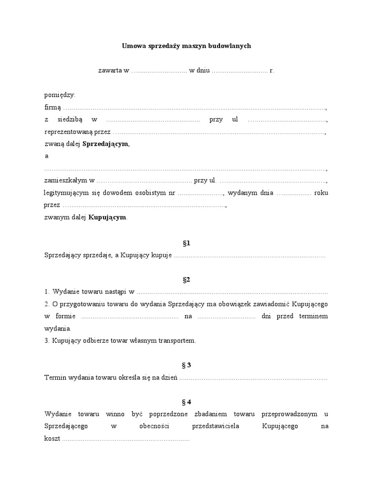 Umowa Sprzedaży Maszyn Budowlanych | PDF