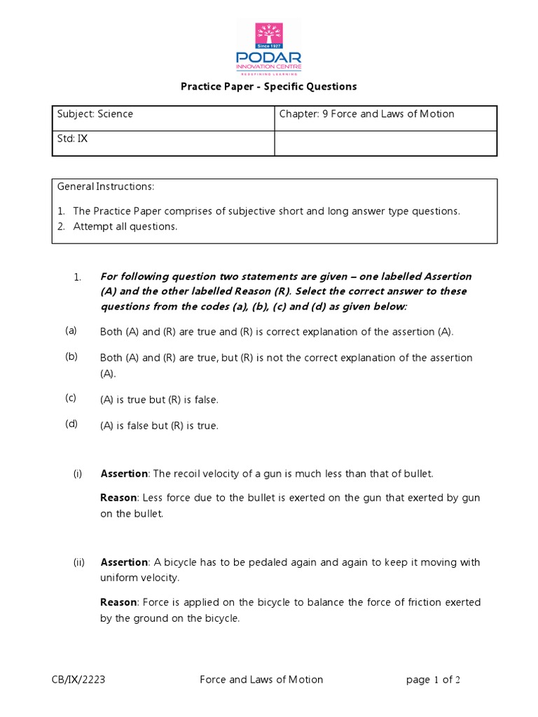 CB - IX - Sci - CH 9 Force and Laws of Motion - Specific Qs | PDF