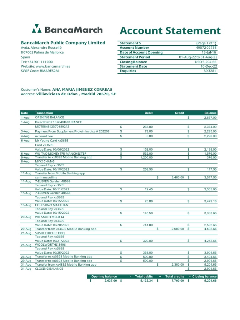 Personal Banking Statement | PDF | Banks | Debit Card