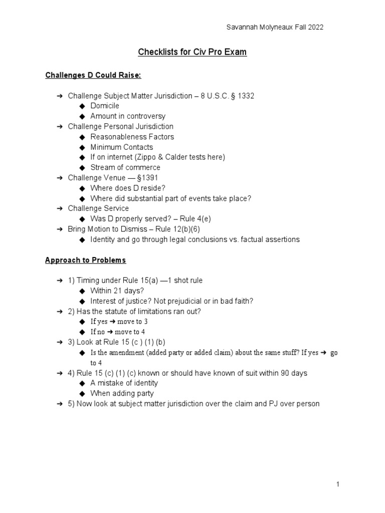 Checklists For Civ Pro Exam | PDF | Minimum Contacts | Lawsuit