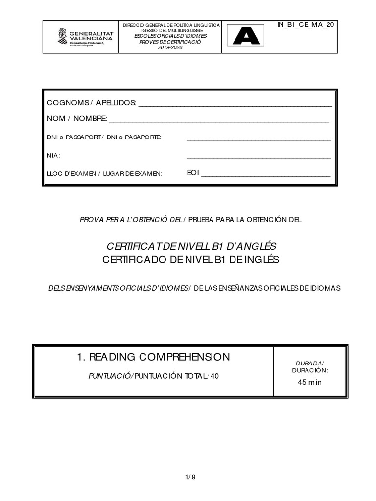 Certificat de Nivell B1 D'Anglés | PDF