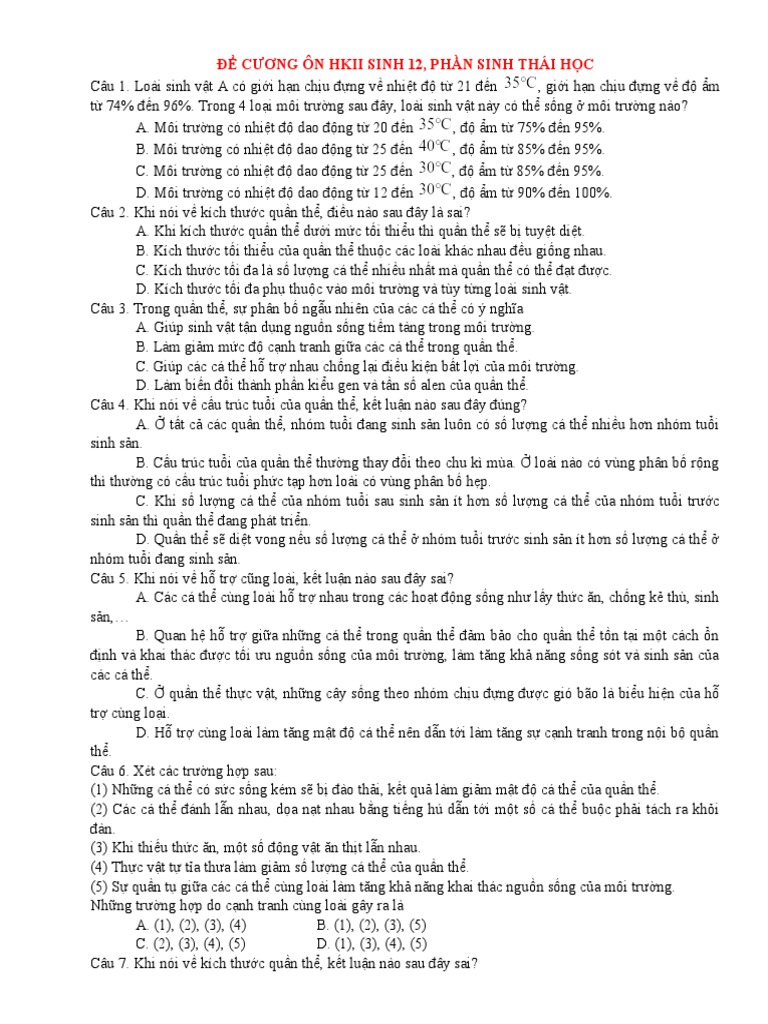 Đề Cương Ôn Hkii Sinh 12 | PDF