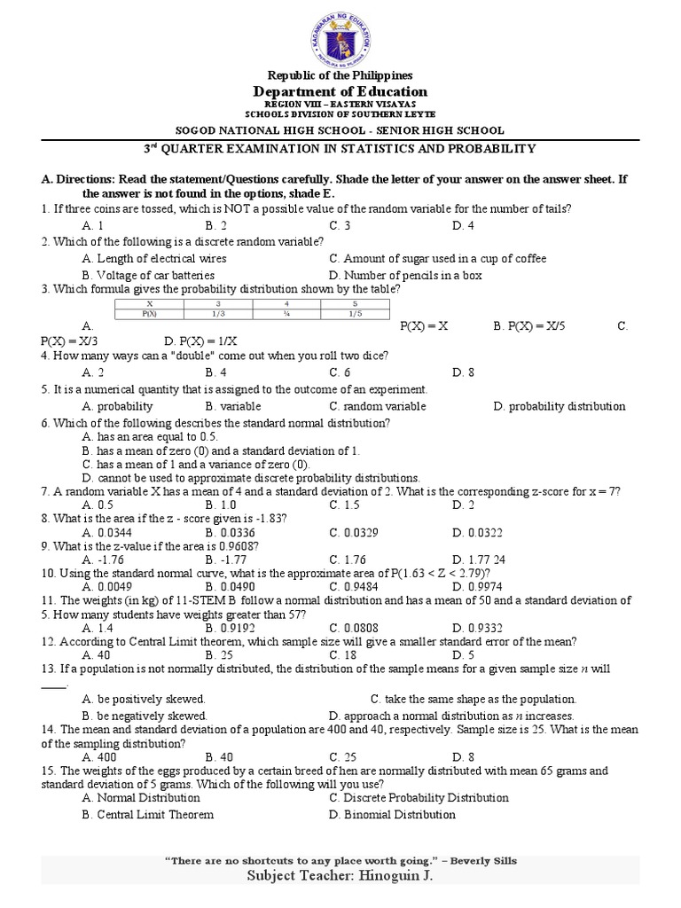 3rd Quarter Exam Stat And Prob Pdf Standard Deviation Normal