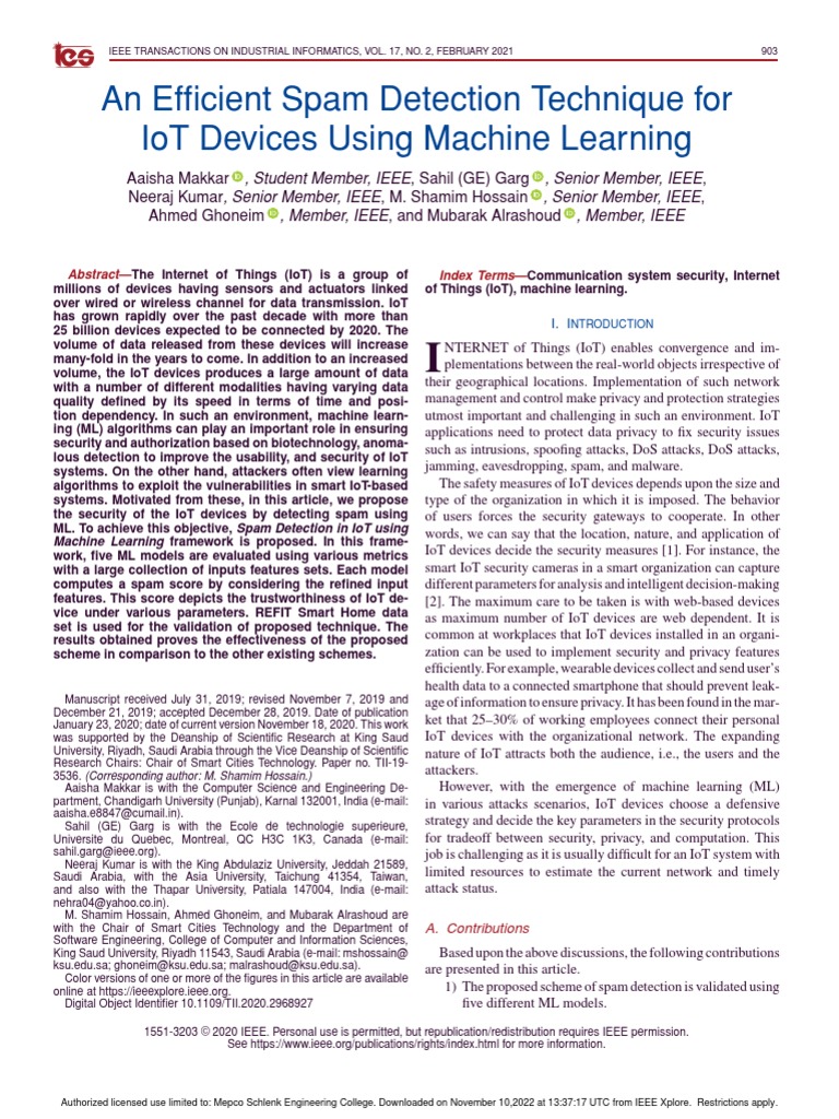 An Efficient Spam Detection Technique For IoT Devices Using Machine Learning | PDF | Internet Of ...