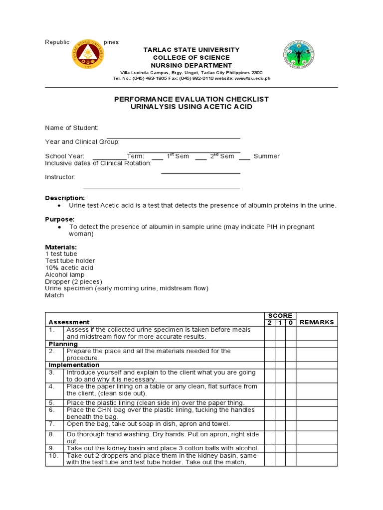 Urinalysis Performance Evaluation Checklist | PDF | Urine | Hand Washing