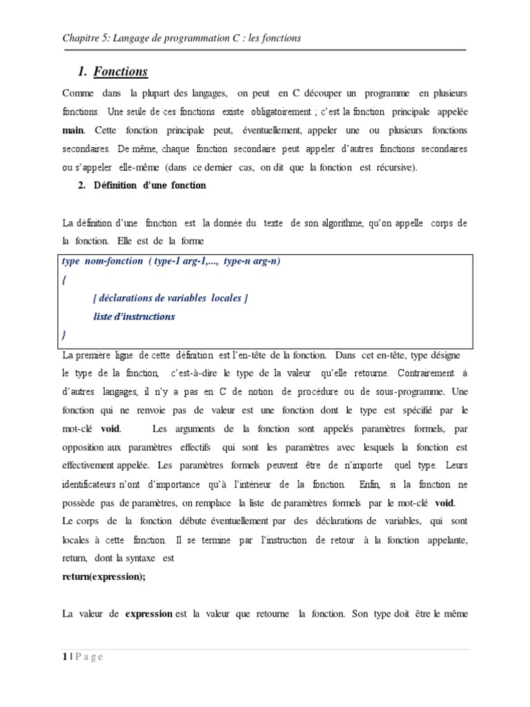 Chapitre 5 Les Fonctions | PDF | C (Langage de programmation ...
