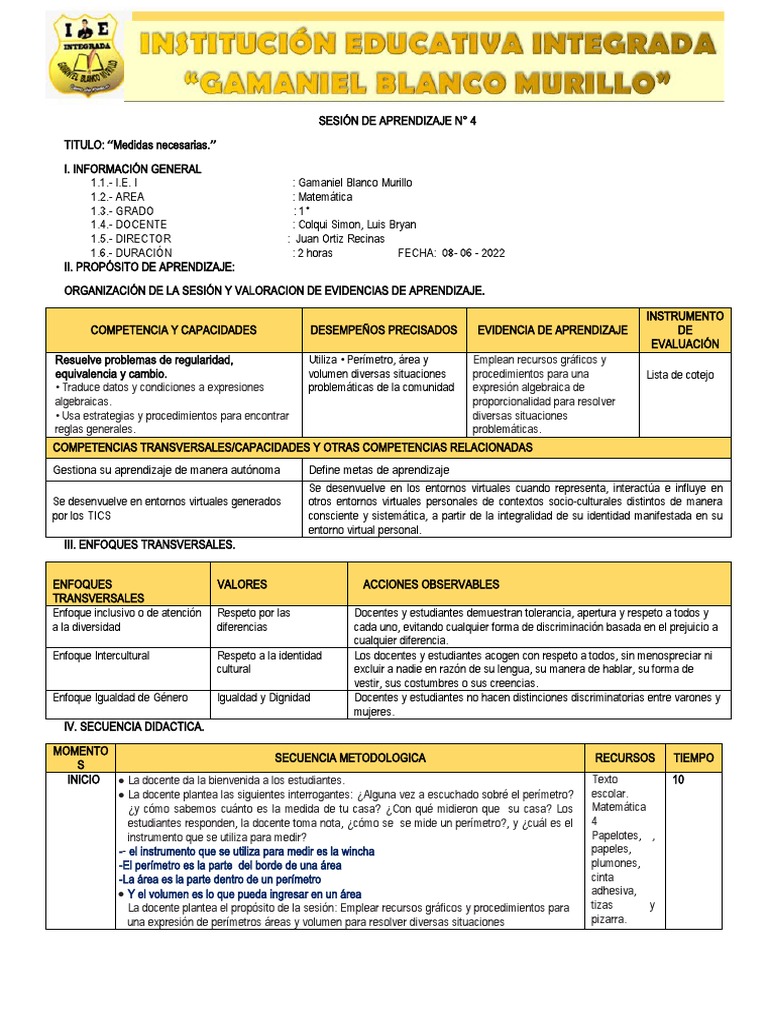 Sesión de Aprendizaje - 1ro Grado | PDF | Aprendizaje | Evaluación