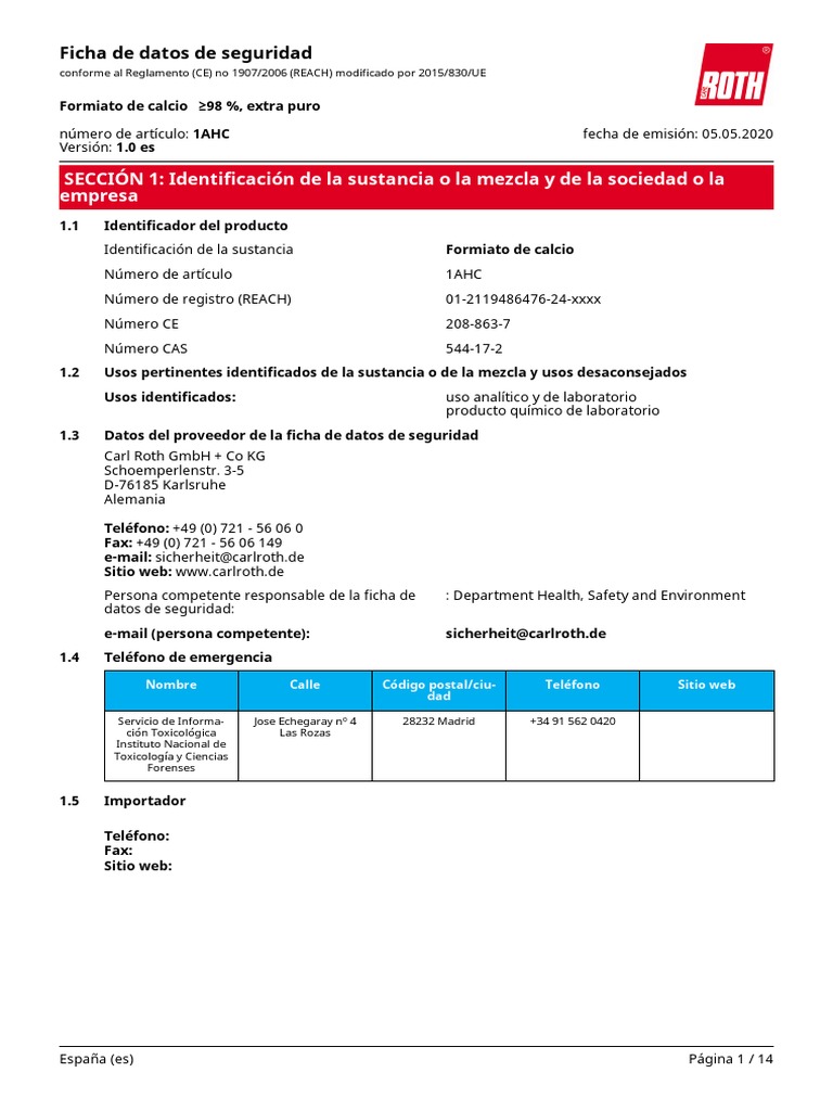 Ficha Técnica del Formiato de Calcio | PDF | Toxicidad | Agua