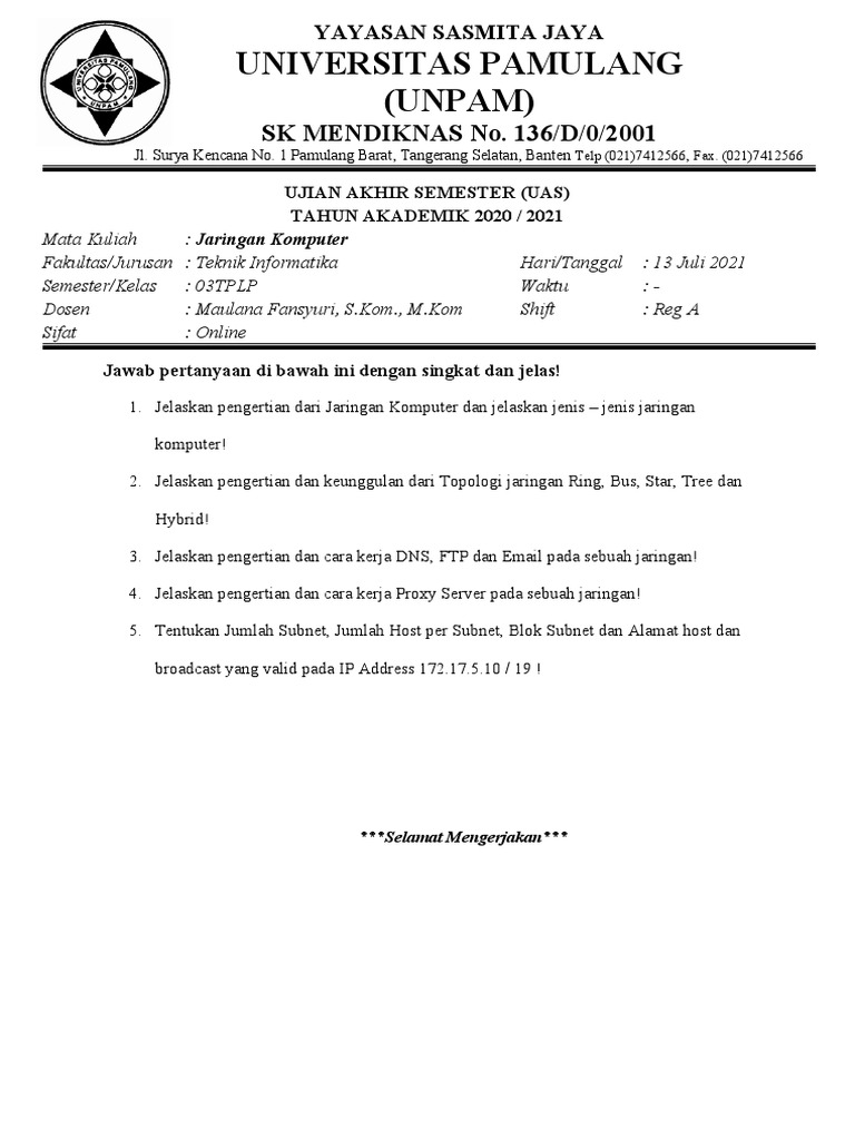 UAS Jaringan Komputer UNPAM 2021 | PDF