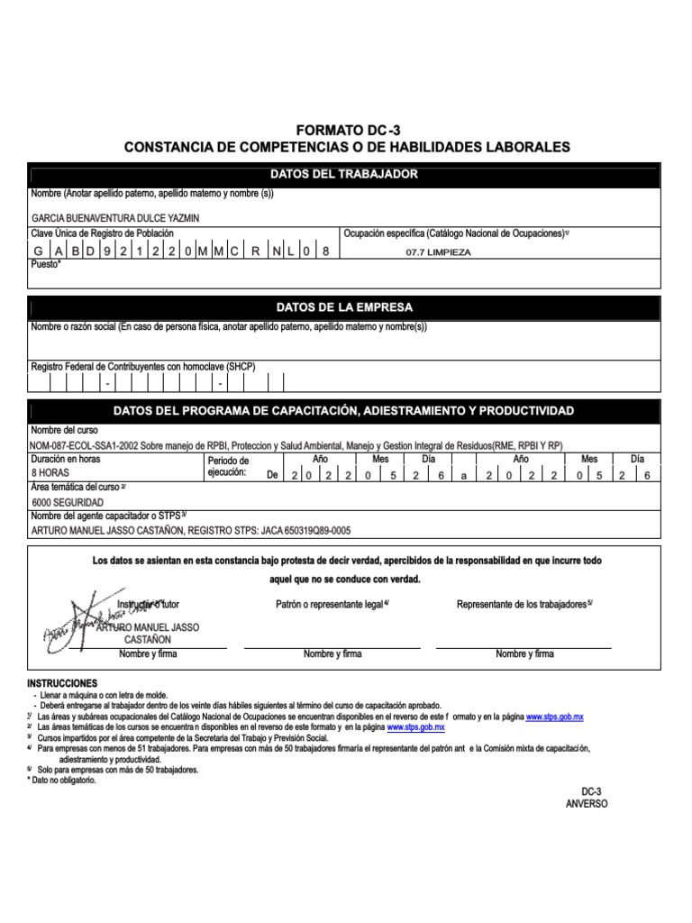 Constancia de capacitación en manejo de residuos peligrosos biológico-infecciosos y salud ...