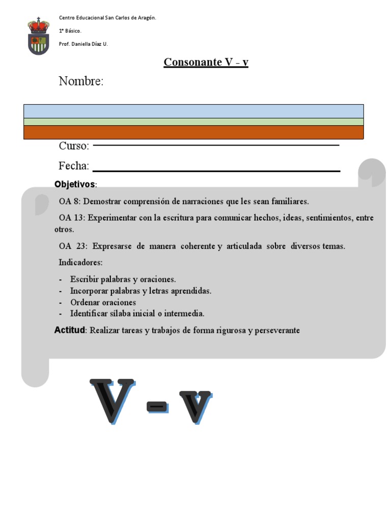 Actividades de la Consonante V para 1° Básico | PDF | Escritura ...