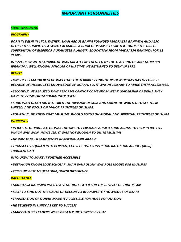 Important Personalities | PDF | Muhammad Ali Jinnah | All India Muslim League