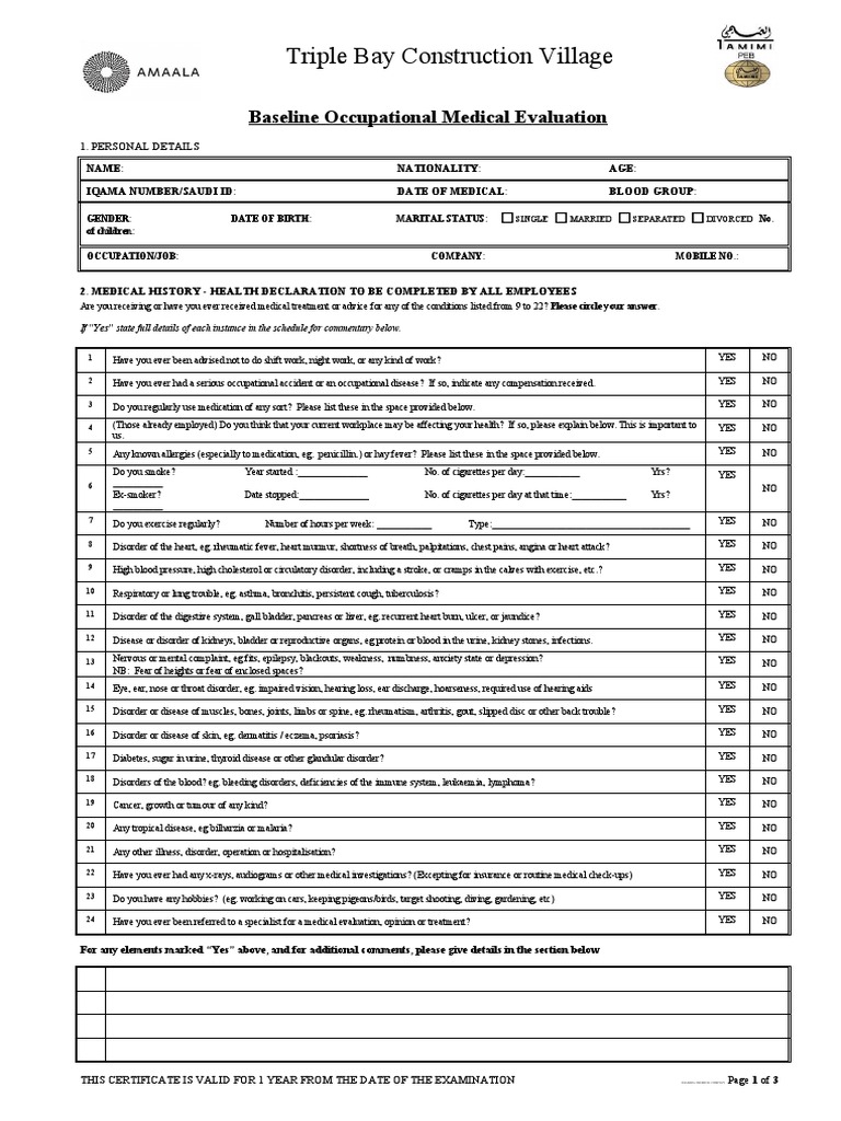 Baseline Occupational Medical Evaluation Proposed Reporting Revised ...