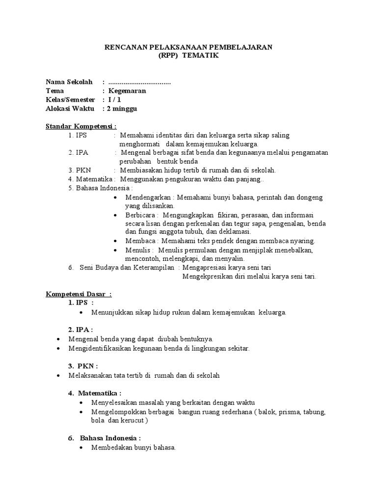RPP Kelas 1 Semester 1 - Kegemaran | PDF | Seni & Disiplin Bahasa
