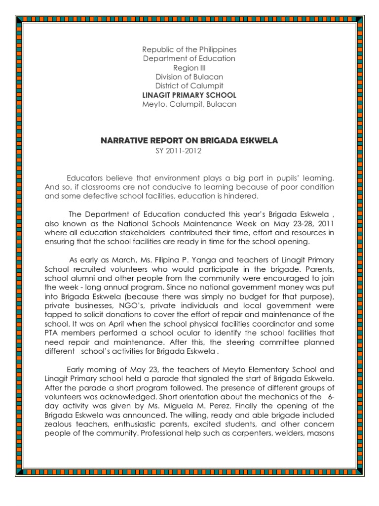 Brigada Eskwela 2024 Narrative Report | PDF | Volunteering | Classroom
