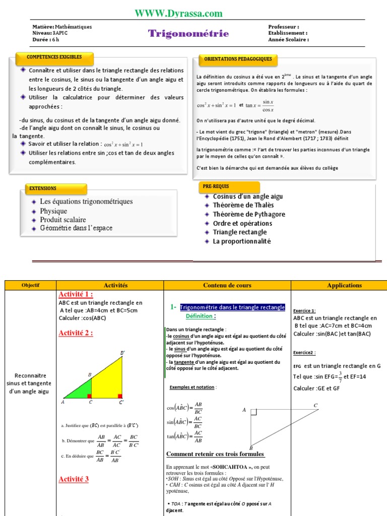 Fiche de révision trigonométrie 3ème | PDF | Fonction trigonométrique ...