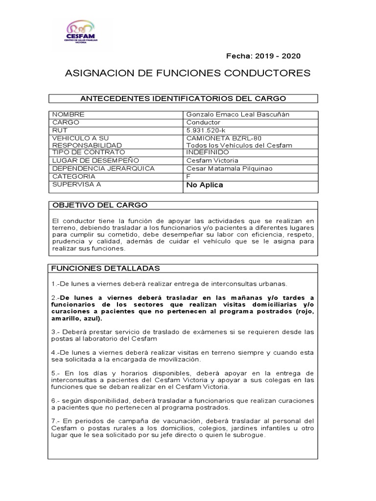 Asignación de Funciones Sr. Gonzalo Leal | PDF