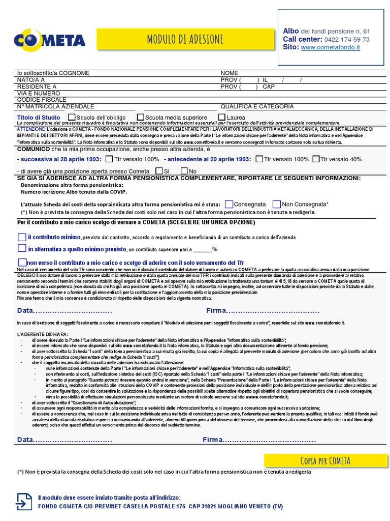 Modulo Adesione Cometa 2022 | PDF