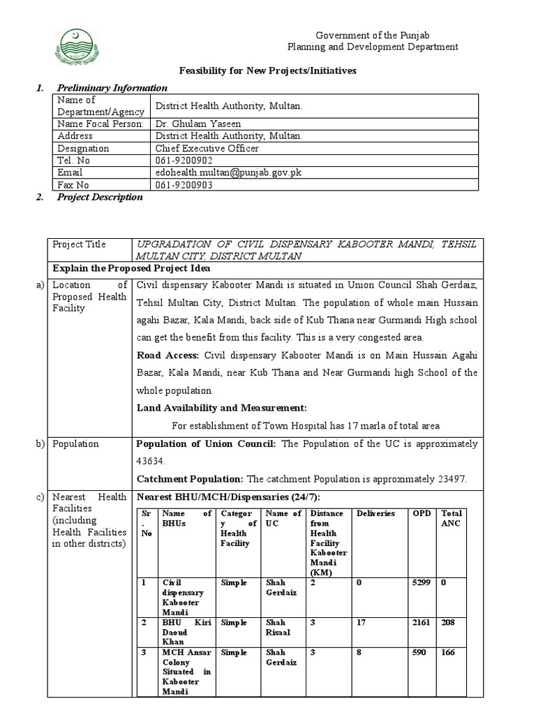 Feasibility - Upgradation of Health Dispensary Kabooter Mandi Tehsil ...
