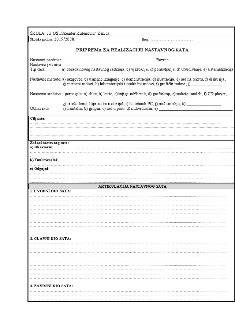 Priprema Za Realizaciju Nastavnog Sata Jedan List | PDF