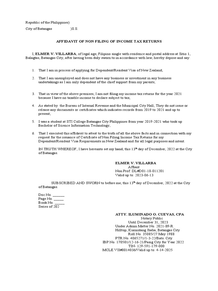 Affidavit of Non-Filing ITR for Visa | PDF | Affidavit | Public Finance
