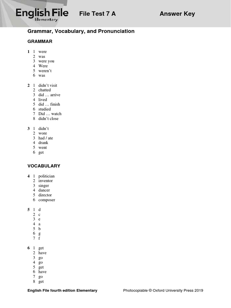 EF4e Elem Filetest 07a Answer Key | PDF | English Language | Vocabulary
