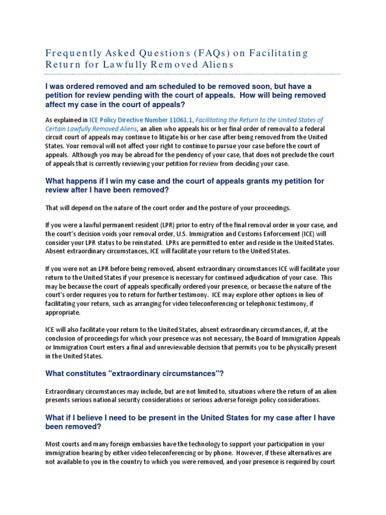 FAQs on Form I-862 and Return Process | PDF | Emigration, Immigration ...