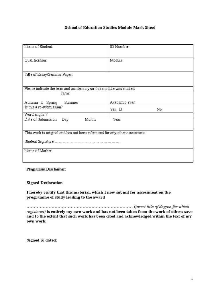 Cover Sheet For Assignment | PDF