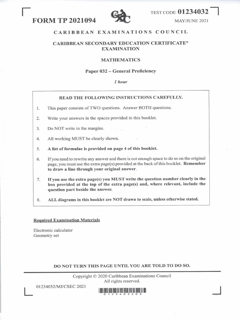 CSEC Mathematics June 2021 P3 | PDF