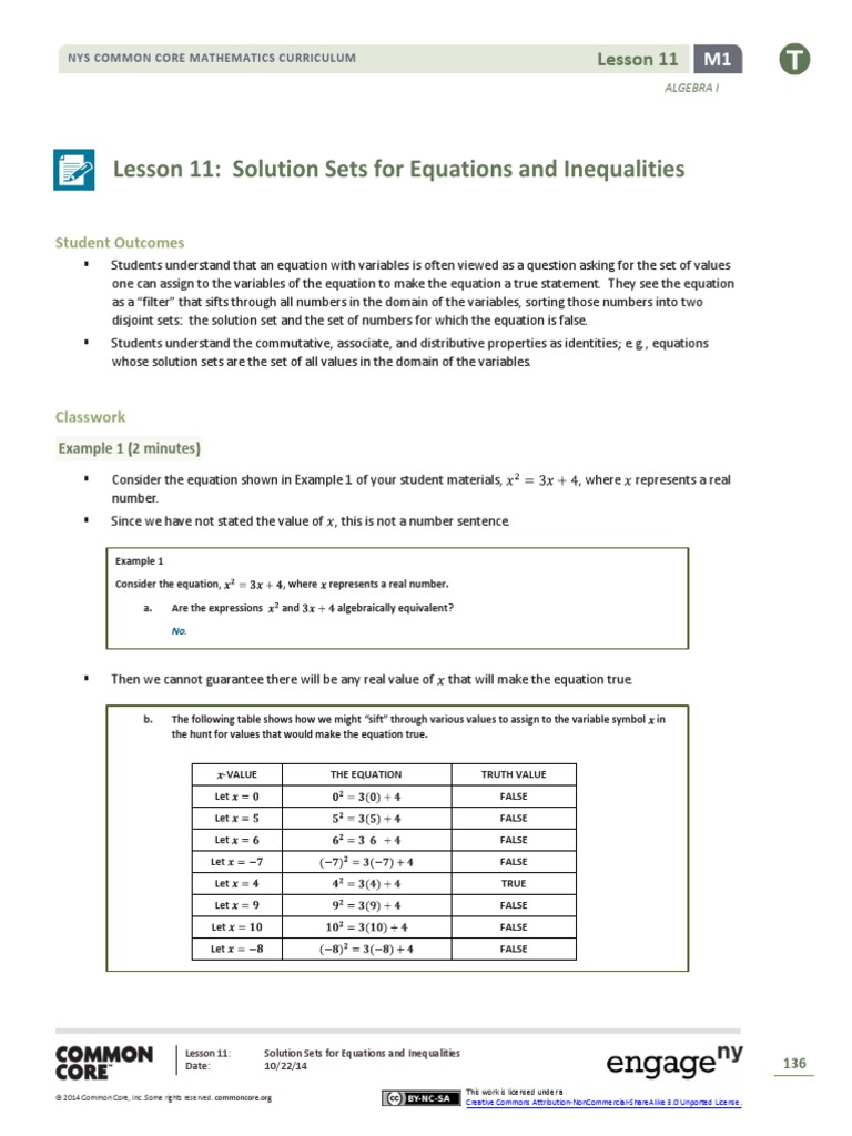 Algebra I m1 Topic C Lesson 11 Teacher | PDF | Equations | Set (Mathematics)