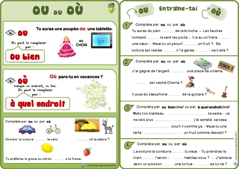 Exercices sur "ou" et "où" CE1 | PDF | Cuisine | Cuisine