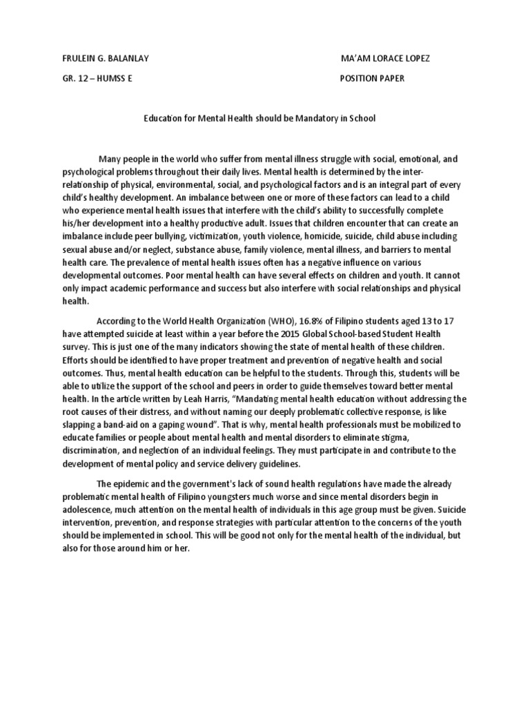 Position Paper | PDF | Mental Health | Mental Disorder
