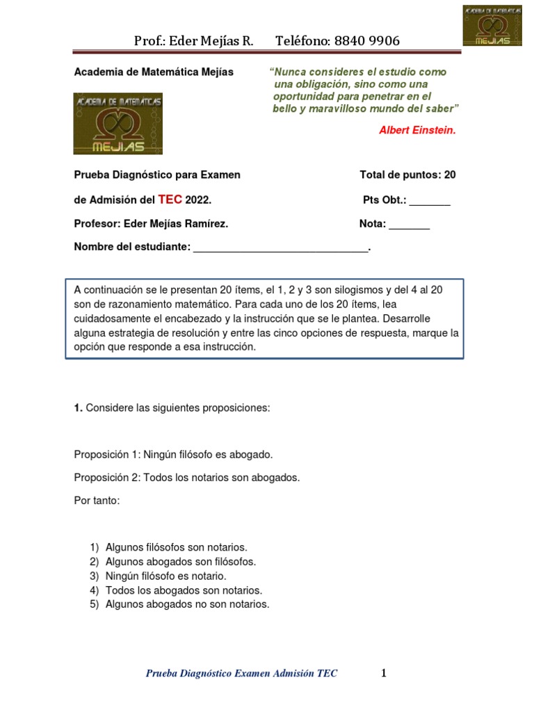 Examen Diagnóstico #2. Exclusivo Tec. Academia Mejías | PDF